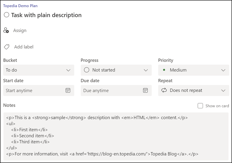 How do I update a Planner task description in HTML format using ...