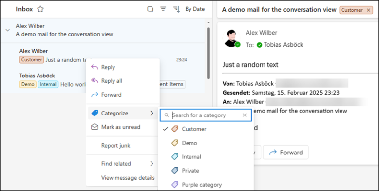 Categorizing individual emails in the Outlook conversation view ...