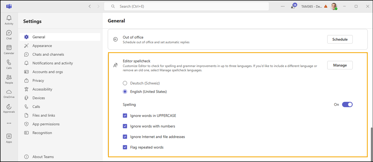 Enhanced spell checking in Teams supports up to three languages ...