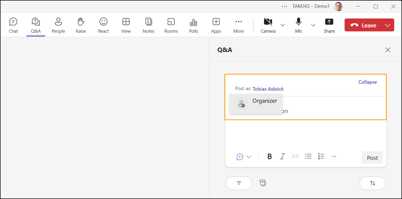 Post and reply as "Organizer" in Microsoft Teams Q&A | Topedia Blog