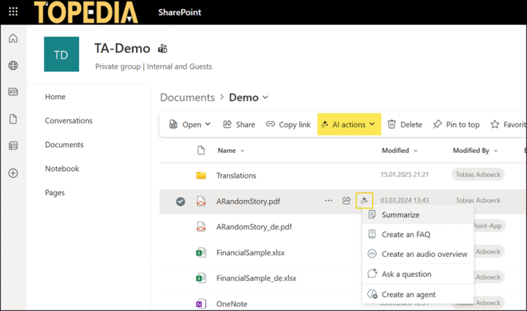 AI Actions in SharePoint document libraries | Topedia Blog