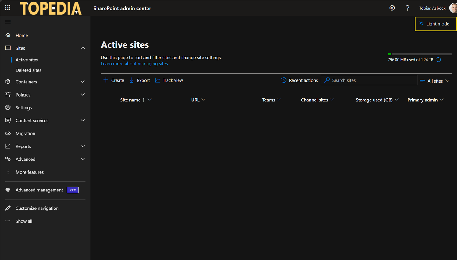 SharePoint Admin Center now supports Dark Mode | Topedia Blog